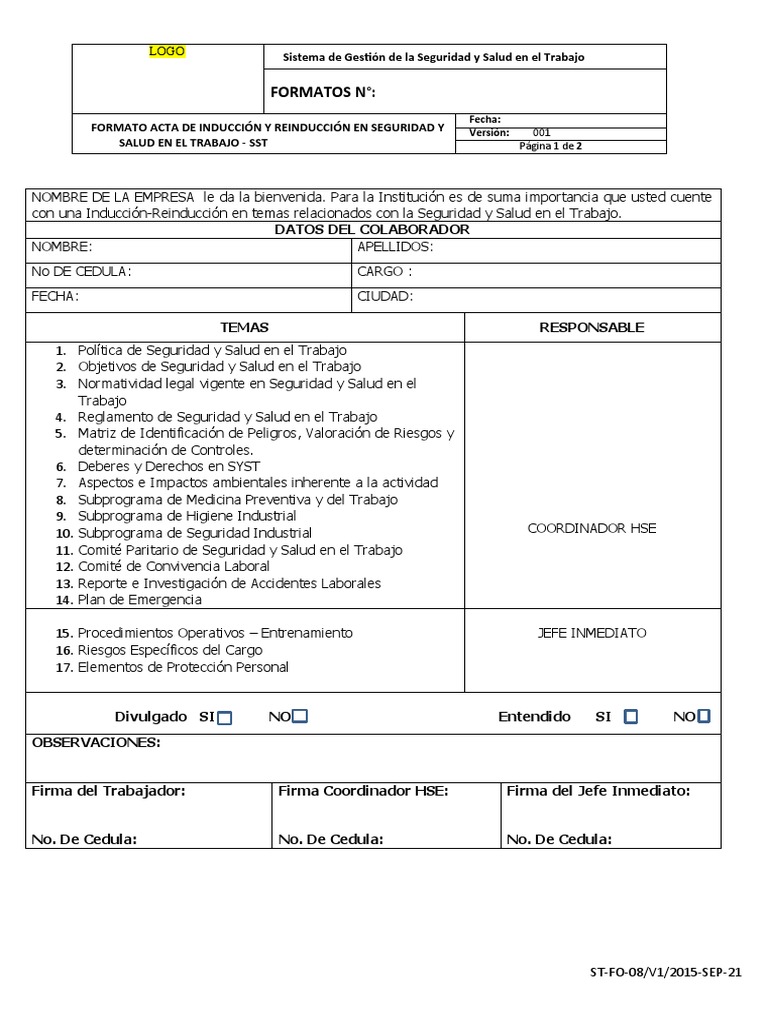 Acta de Induccion y Reinduccion SST | PDF | Seguridad y salud ocupacional | Business