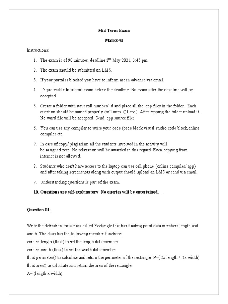 Oop S2021 Mid Term Exam Pdf Method Computer Programming Constructor Object Oriented