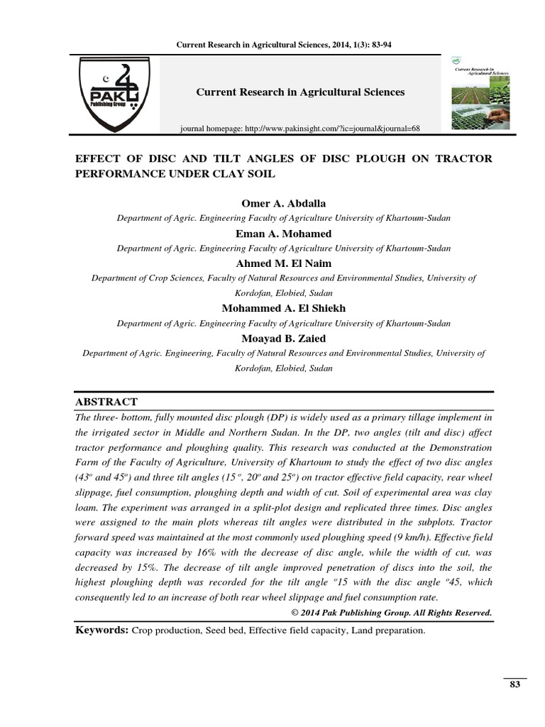 Effect of Disc and Tilt Angles of Disc P | PDF | Plough | Tillage