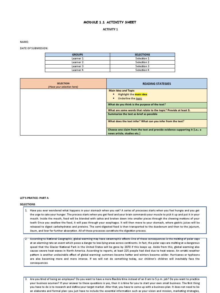Module 1.1 Activity Sheet Activity 1: Name: Date of Submission | PDF ...