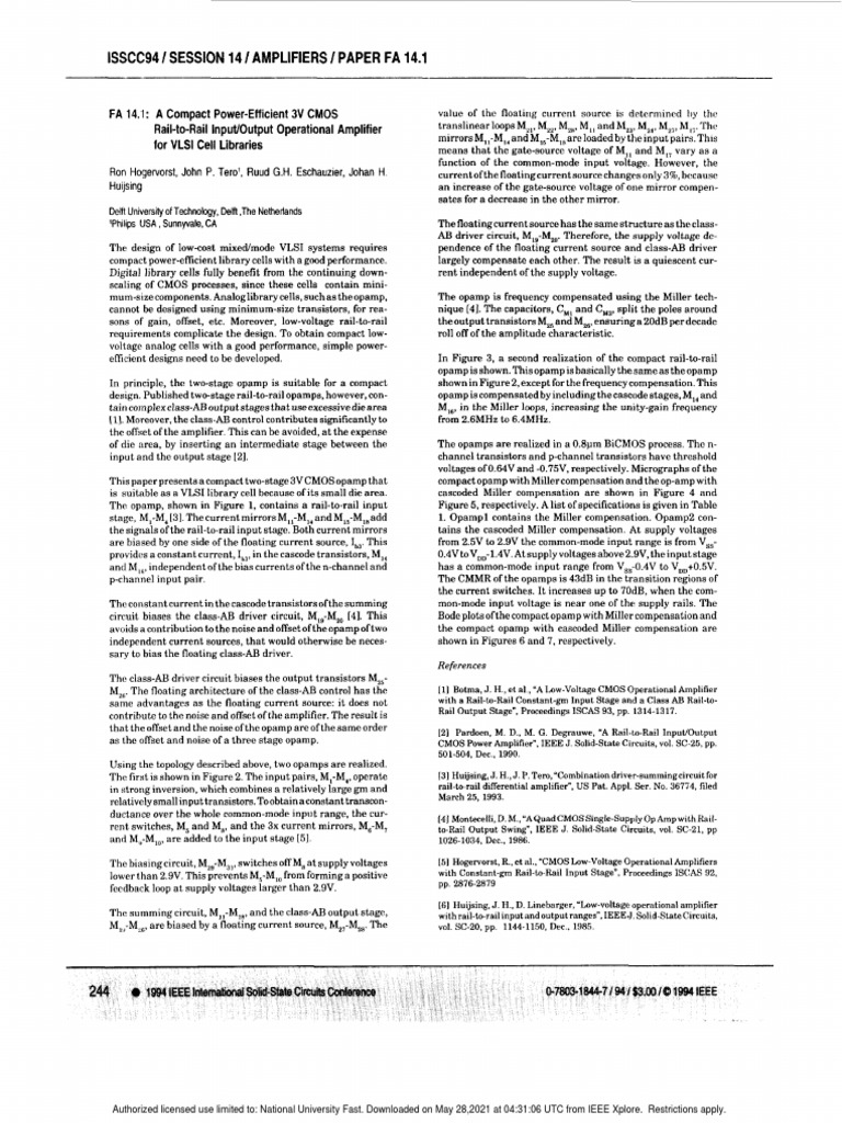A Compact Power-Efficient 3V CMOS Rail-To-Rail Inputloutput Operational Amplifier For VLSI Cell ...