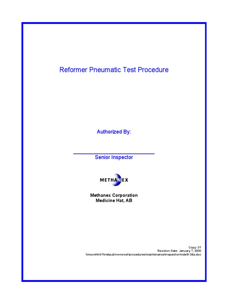 Reformer Pneumatic Test Procedure: Authorized by | PDF | Gas ...