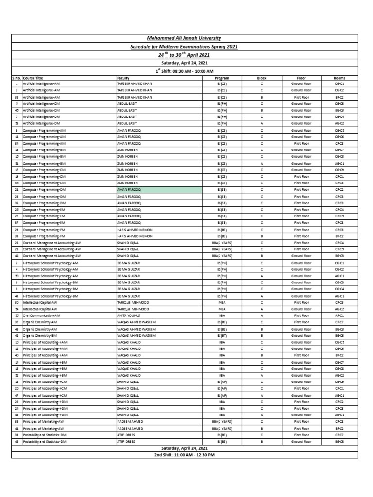 Midterm Time Table Spring 2021 With Room Allocation V7 | PDF | Business