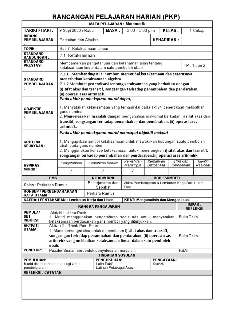 Contoh RPH Matematik Tingkatan 1 | PDF