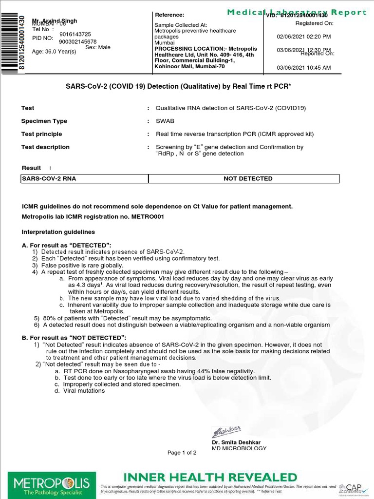 COVID-19 PCR Test Report Analysis | PDF | Virology | Immunology
