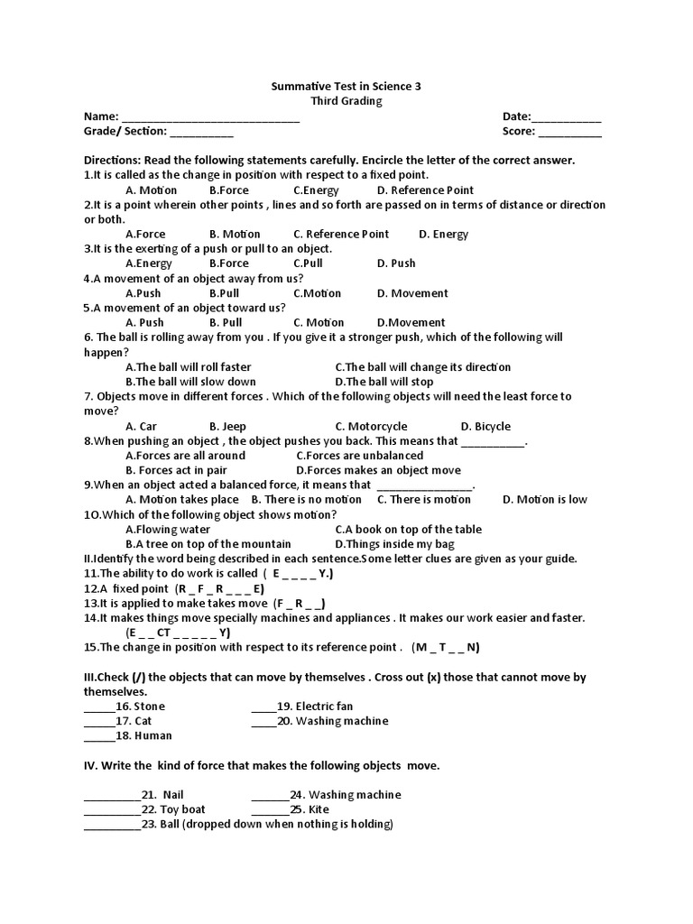 Third Quarter - Summative Test in Science 3 | PDF | Force | Sound
