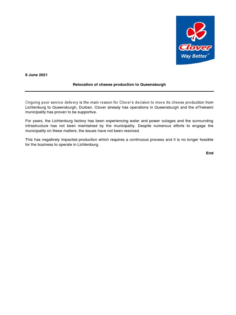 Clover Statement - Relocation of Cheese Production To Queensburgh ...