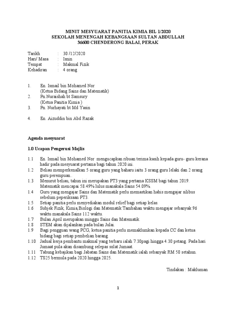 Minit Mesyuarat Panitia Kimia Bil 1 2020 | PDF