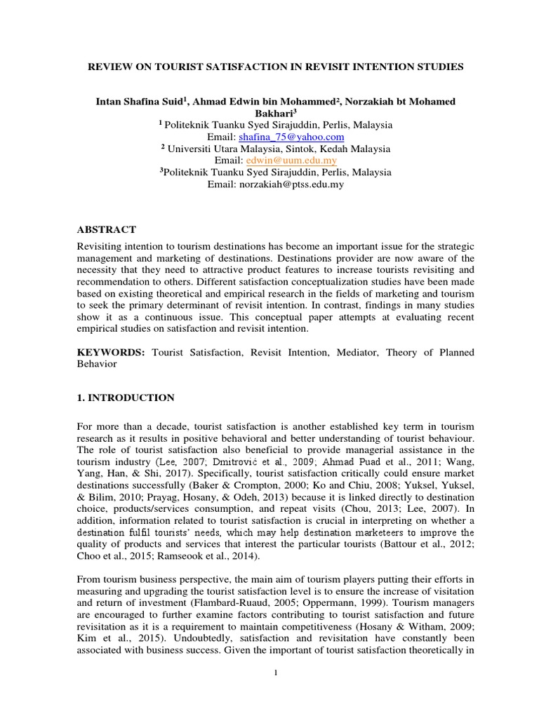 Review On Tourist Satisfaction in Revisit Intention Studies | PDF ...