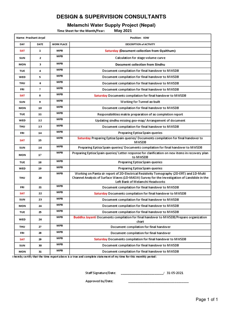 Prashant Aryal's May 2021 Timesheet | PDF | Nature