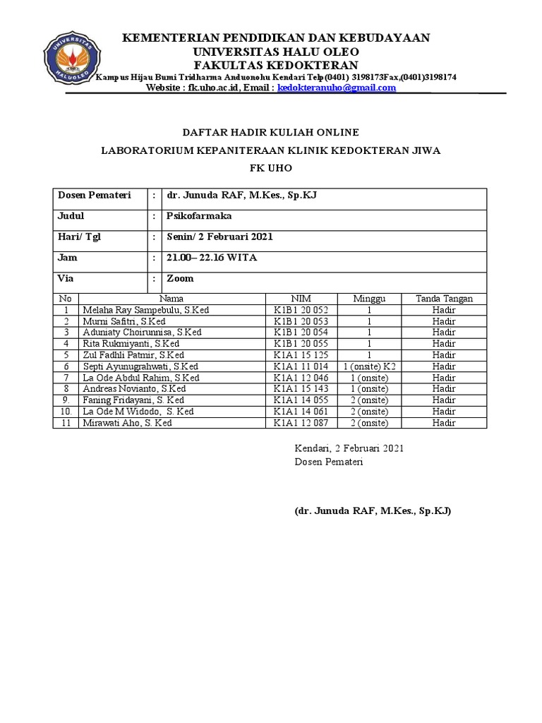 Absen Bimbingan 2 Februari 2021 (Dr. Junuda RAF, M.Kes, SP - KJ) . | PDF
