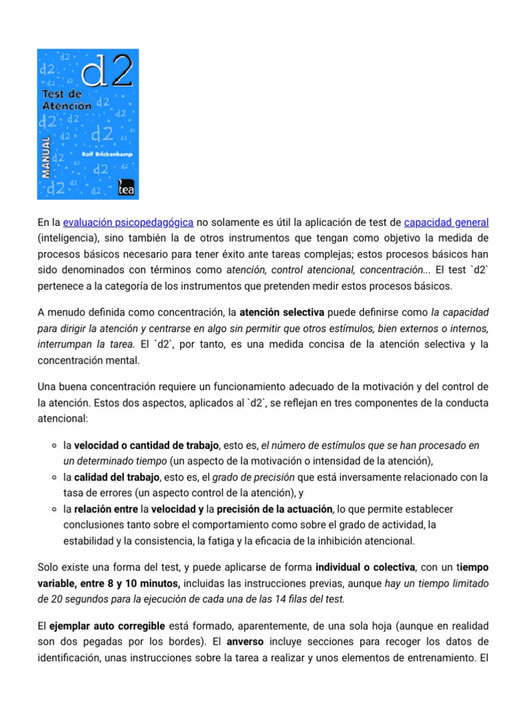 d2, Test de Atención | PDF | Atención | Psicología Aplicada