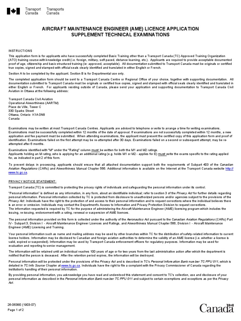 Aircraft Maintenance Engineer (Ame) Licence Application Supplement ...