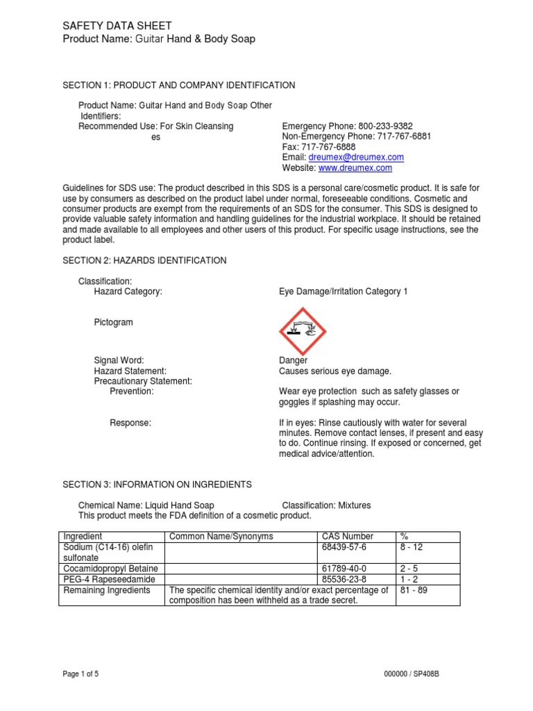 Guitar Hand & Body Soap SDS | PDF | Toxicity | Safety