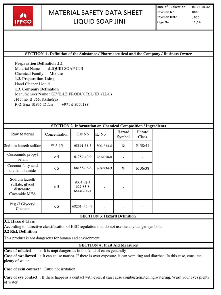 Material Safety Data Sheet Liquid Soap Jini | PDF | Toxicity | Chemical ...