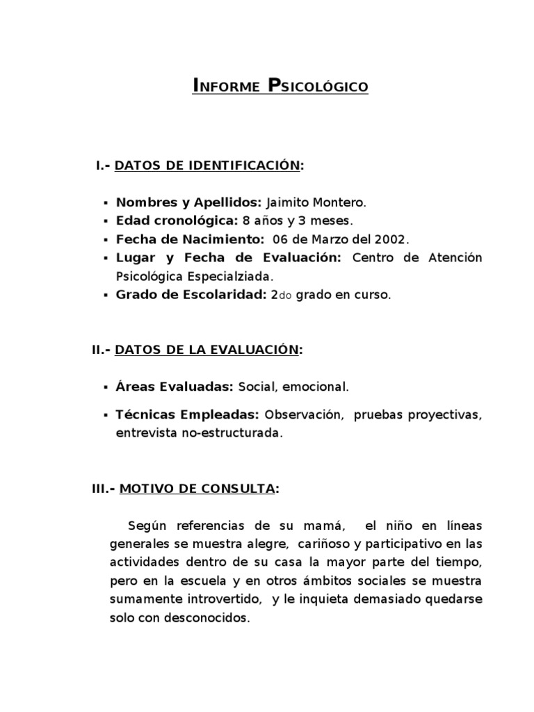 Informe psicológico de Jaimito Montero: Un análisis de su situación ...