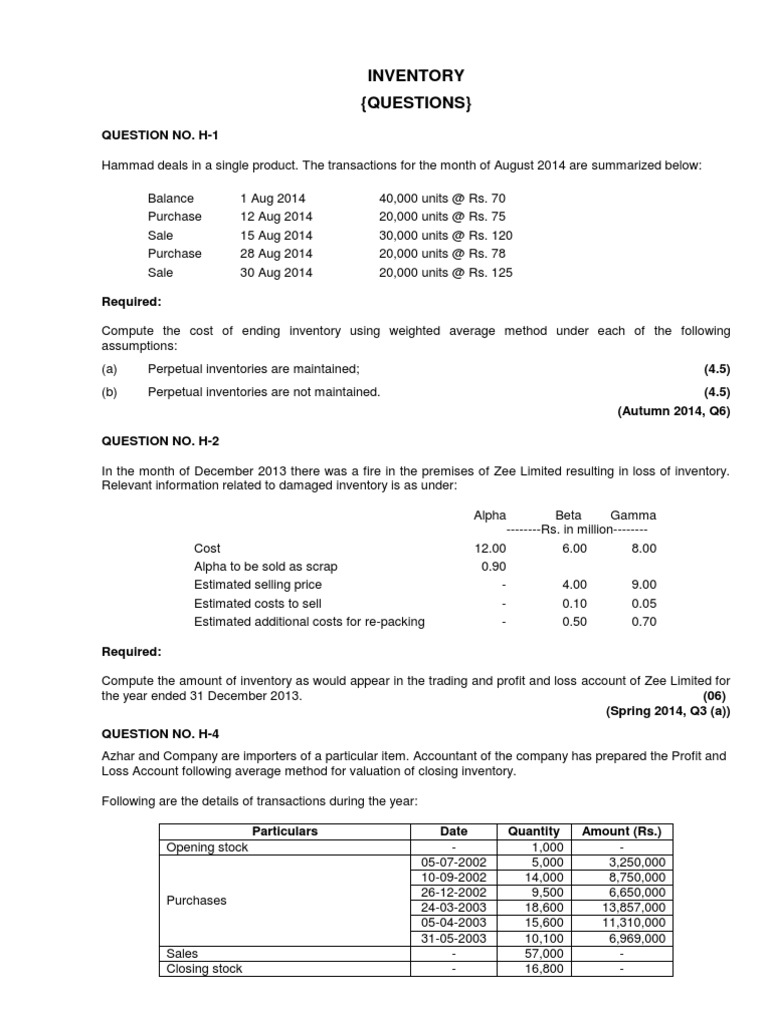 Inventory (Questions) : Question No. H-1 | Download Free PDF ...