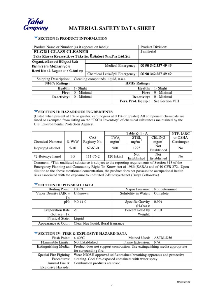 Material Safety Data Sheet: Elgisi Glass Cleaner | PDF | Fires | Water