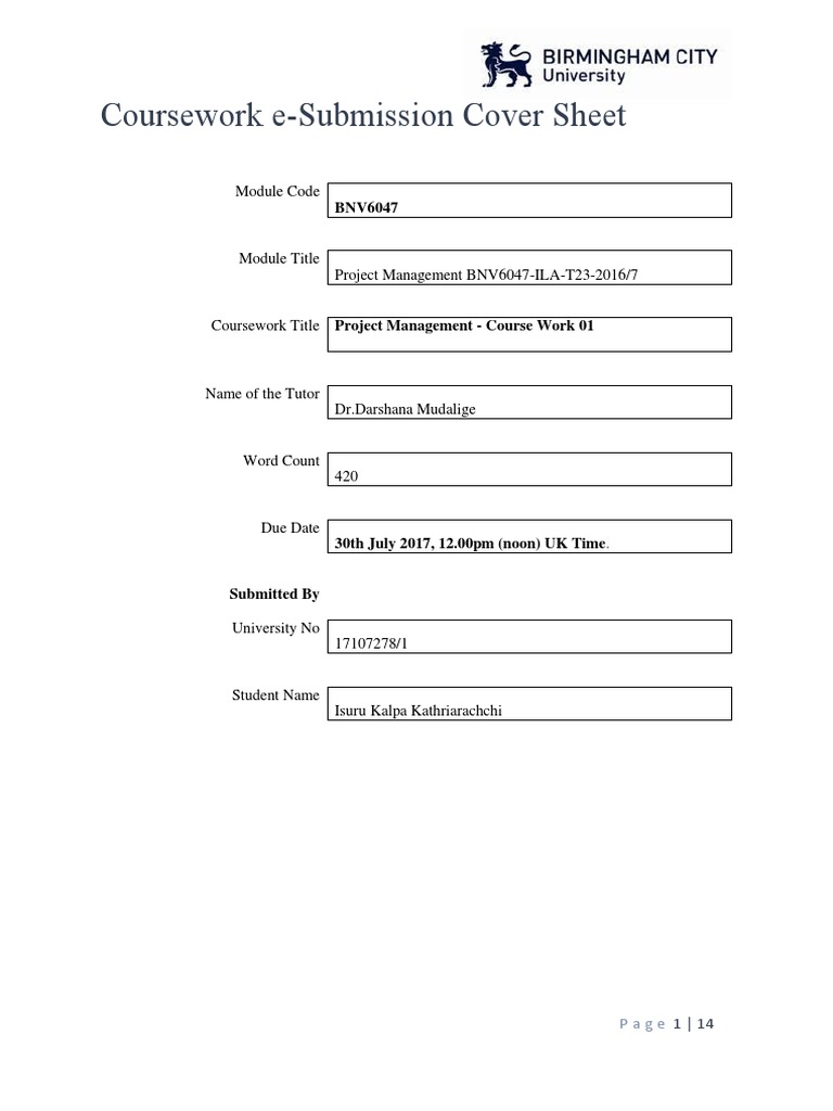 Coursework E-Submission Cover Sheet: Module Code | Download Free PDF ...