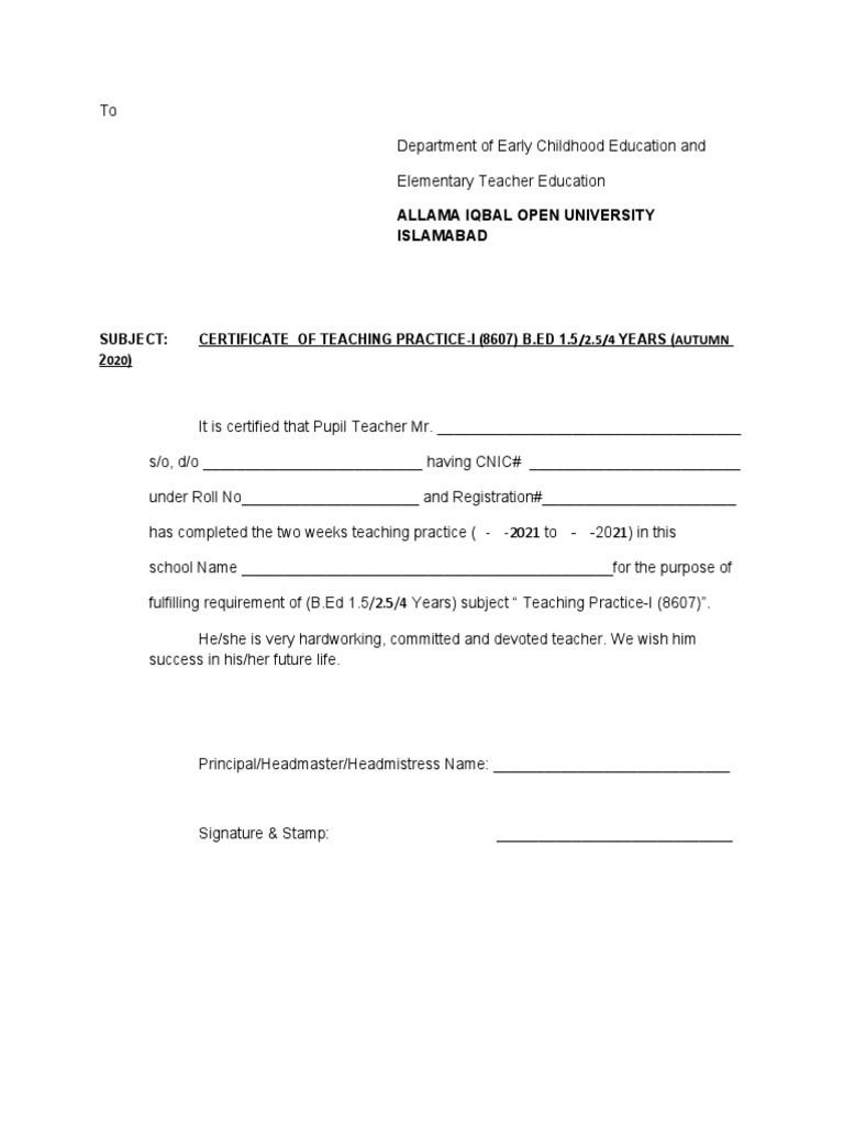 AIOU Teaching Practice Certificate | PDF