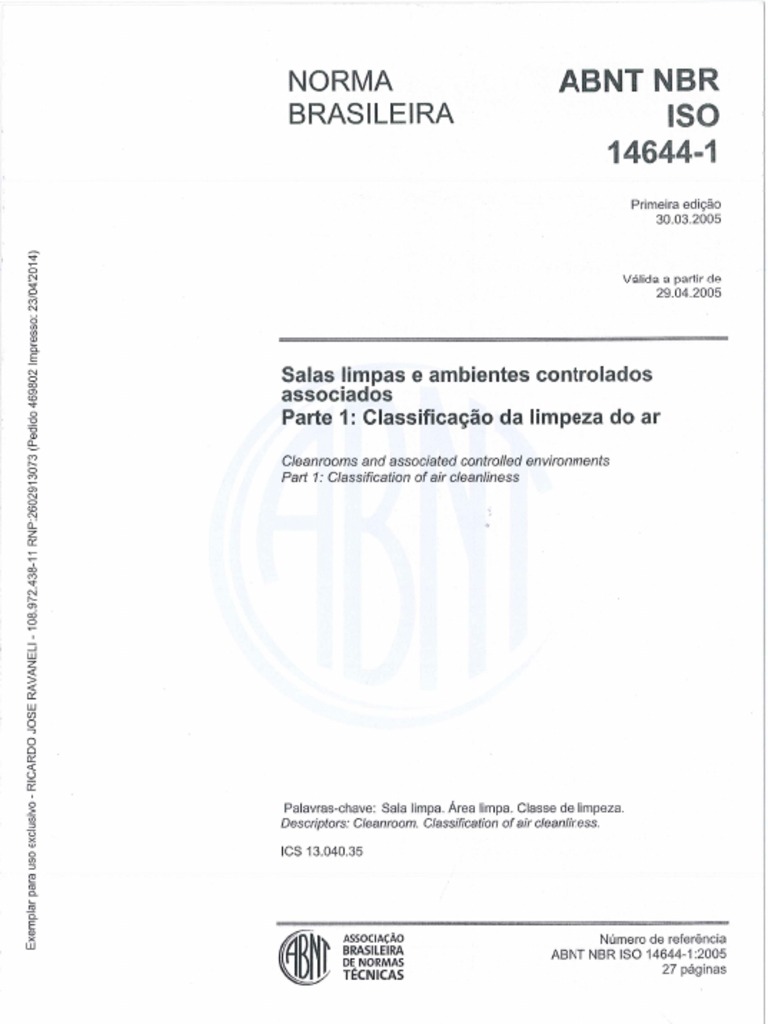 ABNT NBR ISO 14644-1 Salas Limpas e Ambiente Controlados | PDF