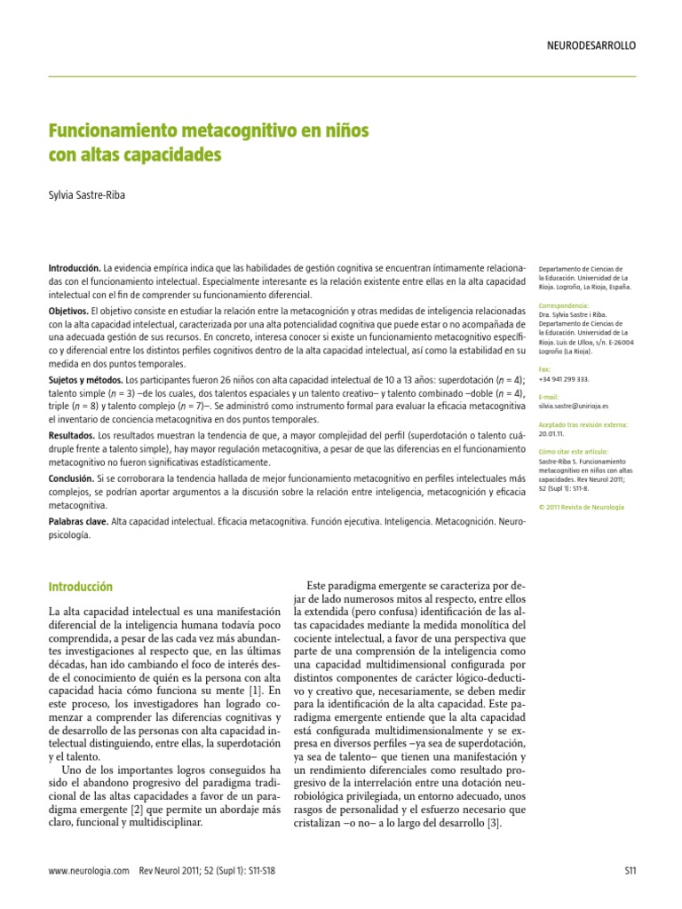 Funcionamiento Metacog - Niños - Altascapacidades | PDF