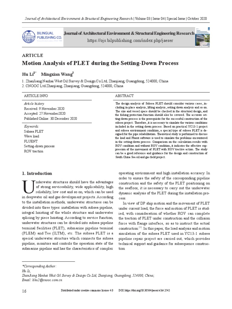 Motion Analysis of Subsea PLET During The Setting | PDF | Subsea ...