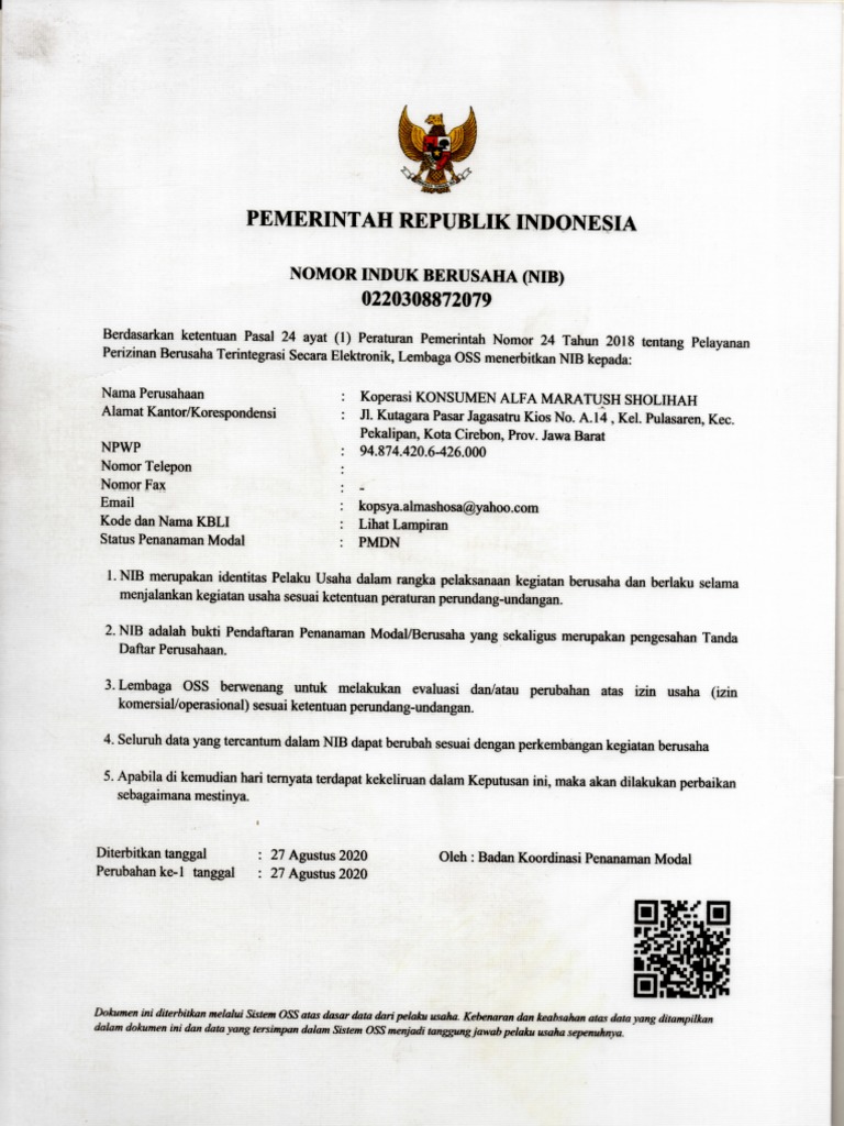 Nomer Induk Berusaha (Nib) | PDF