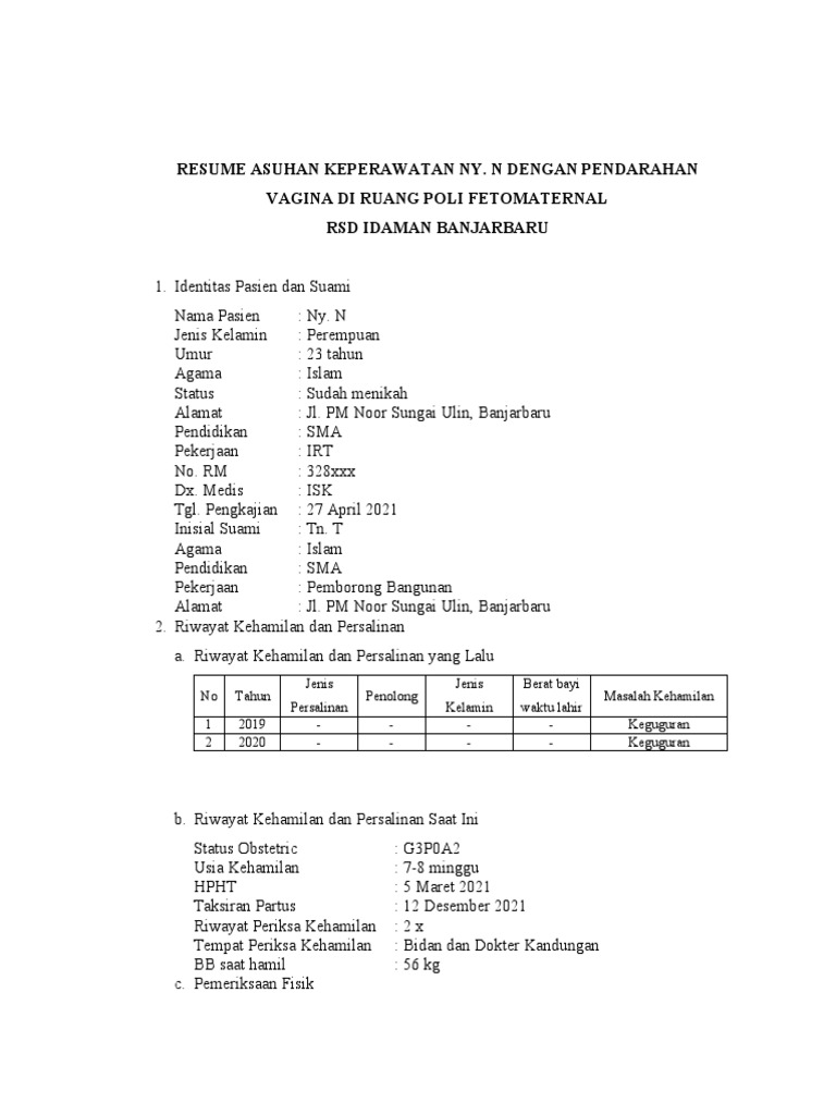 Resume Asuhan Keperawatan Ny. N Dengan Pendarahan Vagina Di Ruang Poli Fetomaternal RSD Idaman ...