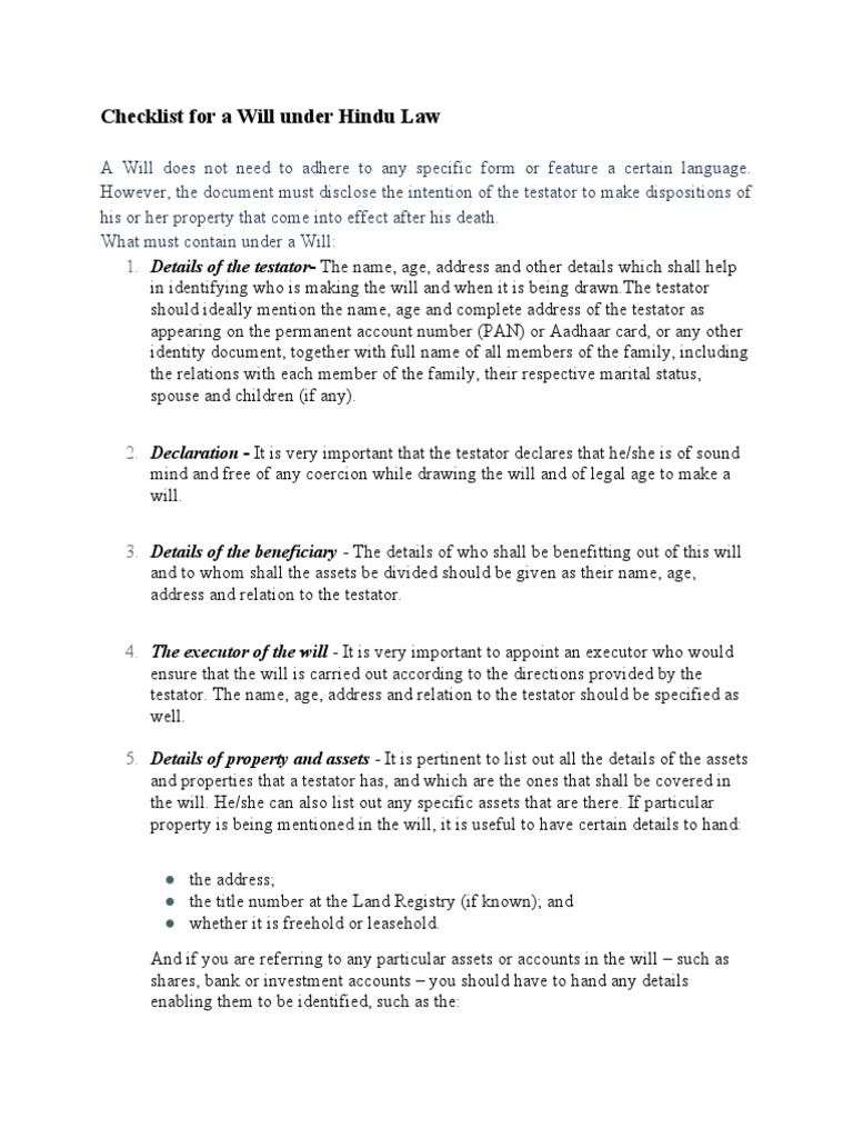 Checklist For A Will Under Hindu Law | PDF | Will And Testament | Probate