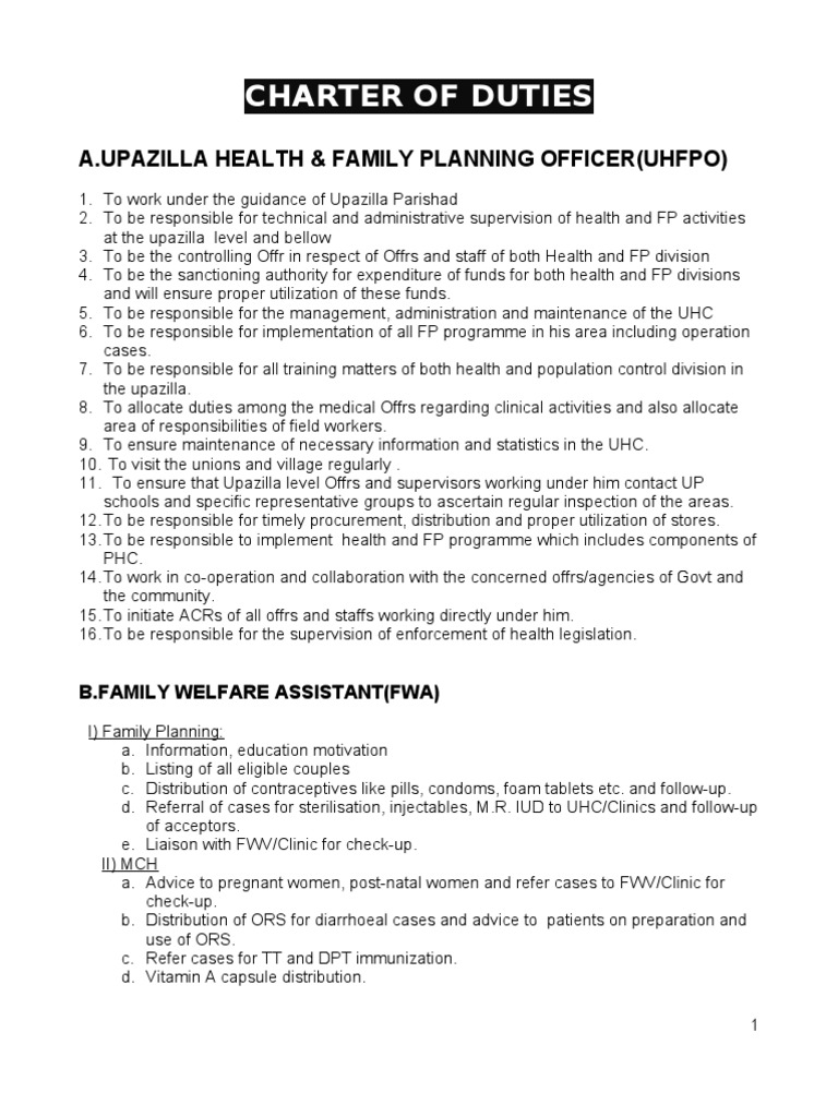 CHARTER OF DUTIES | Public Health | Family Planning