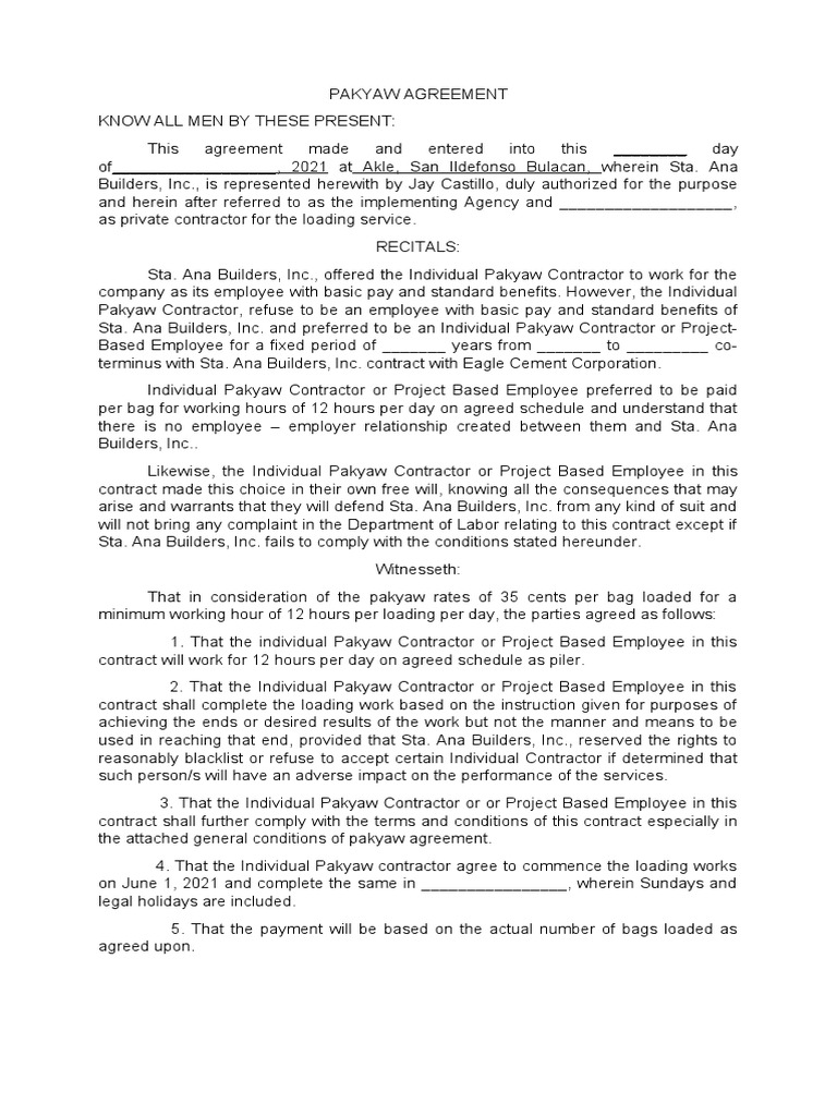 Pakyaw Agreement | PDF | Employment | Private Law