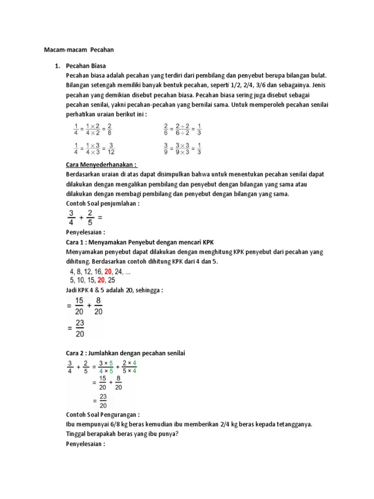 Jenis dan Operasi Pecahan | PDF | Karier & Perkembangan | Seni ...