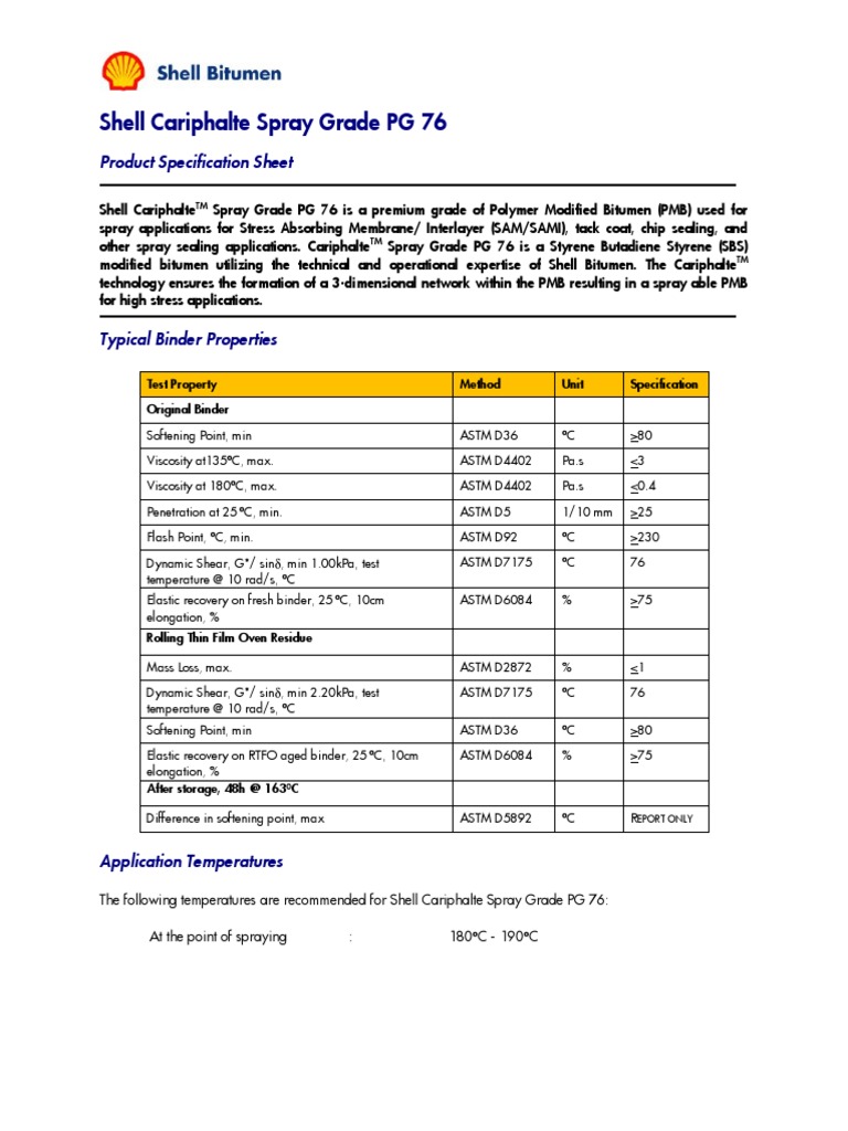 Shell Cariphalte Spray Grade PG 76: Product Specification Sheet | PDF