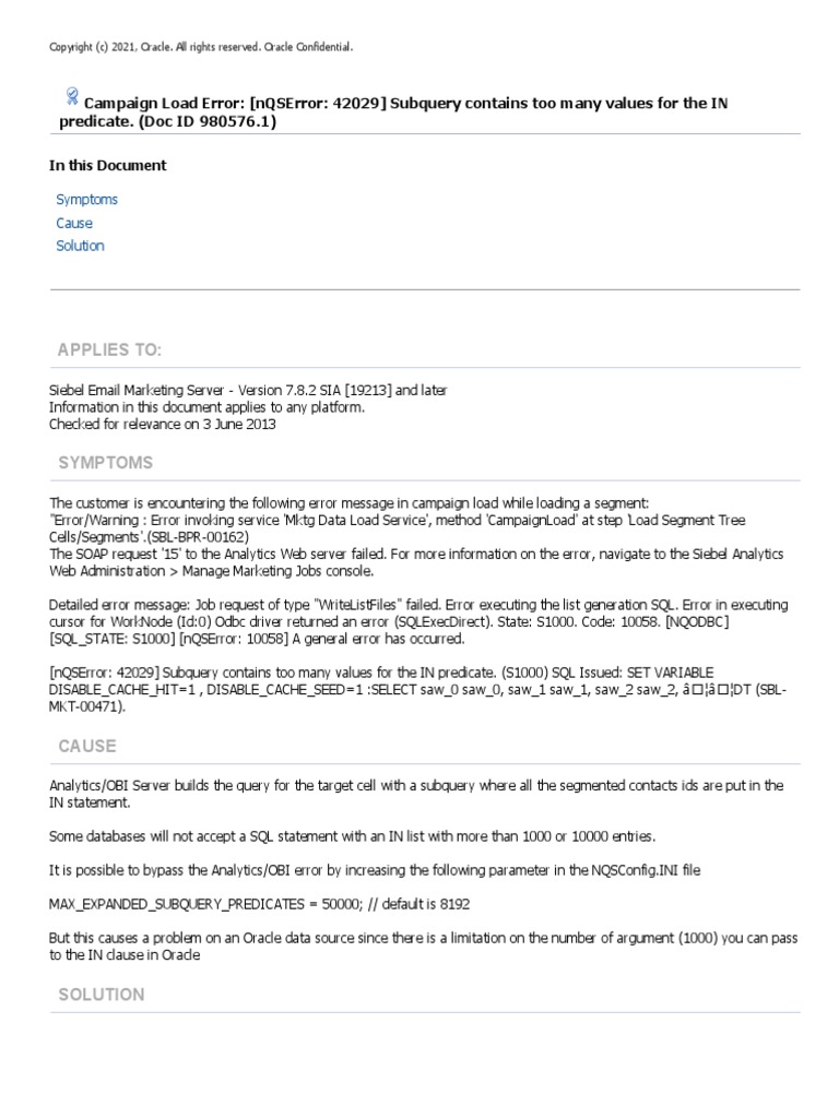 Subquery Contains Too Many Values For The In Document 9805761 Pdf Oracle Database Databases