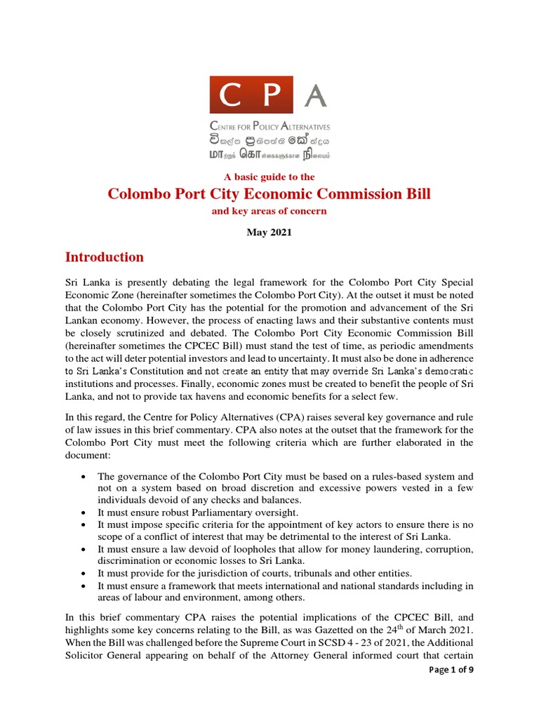 CPA Commentary On The Port City Bill 03.05.2021 | PDF | Bill (Law ...