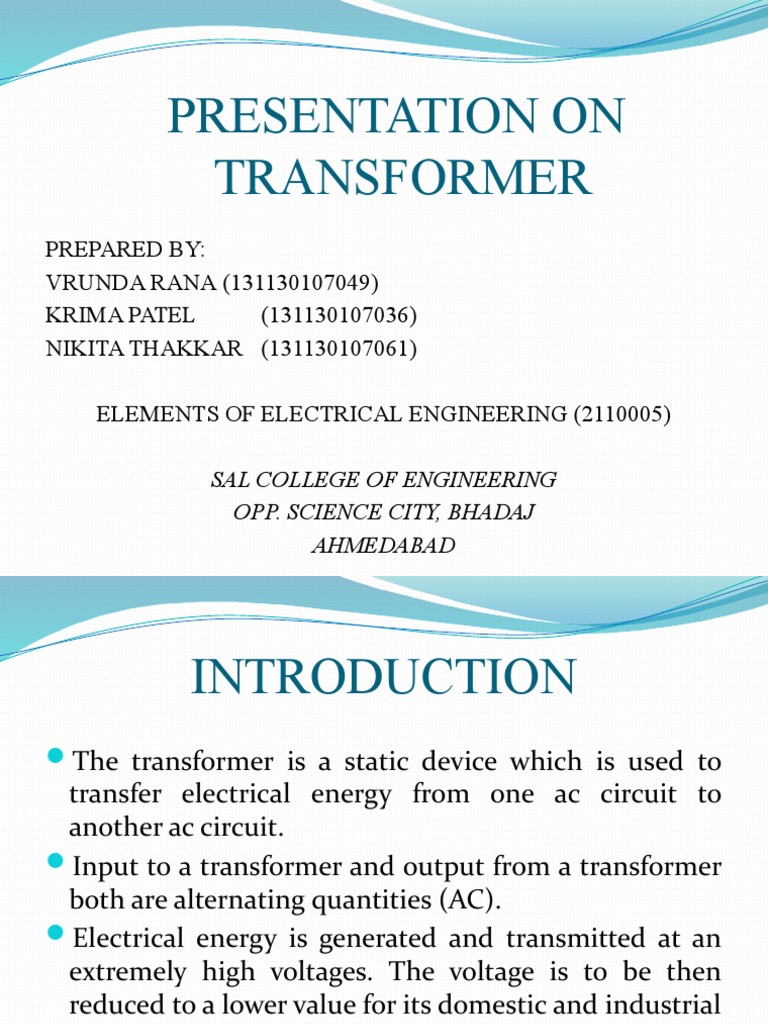 Presentation On Transformer | PDF | Transformer | Alternating Current