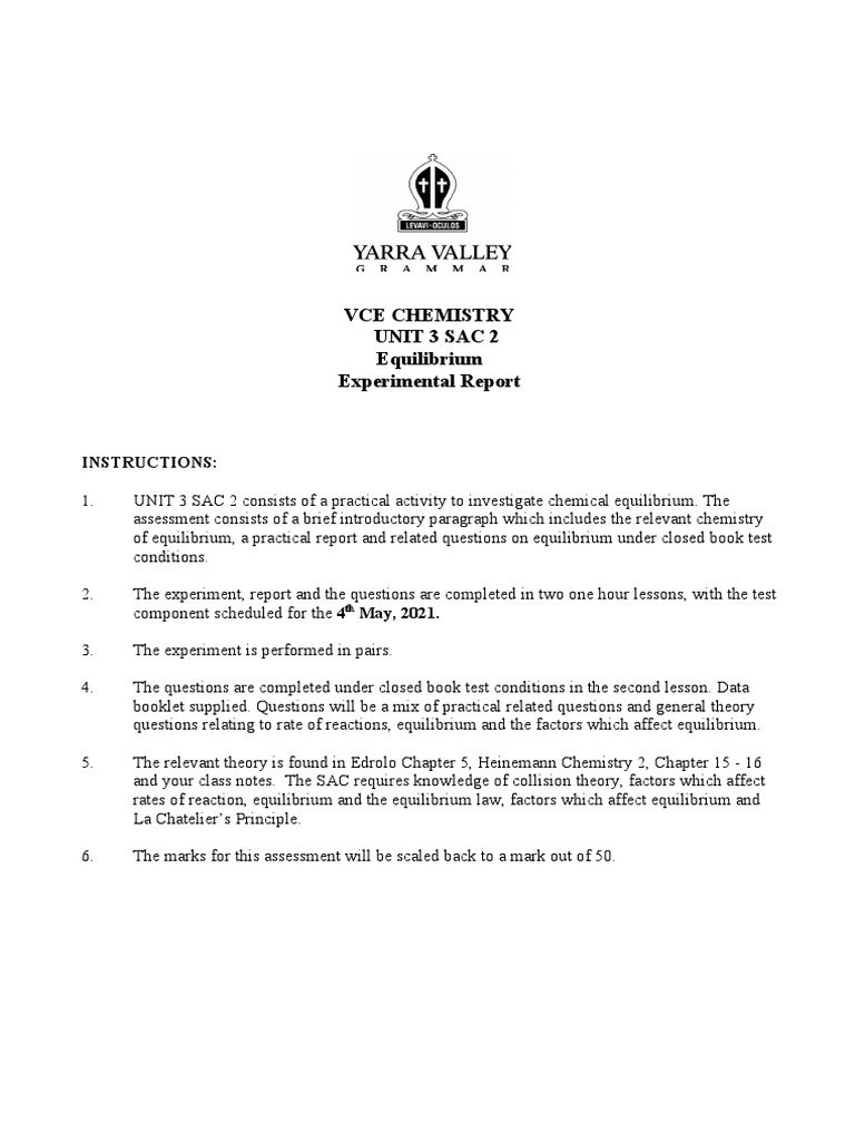 VCE Chemistry Unit 3 SAC 2: Equilibrium | PDF | Chemical Equilibrium ...