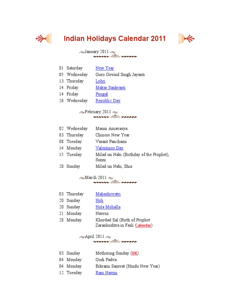 Indian Holidays Calendar 2011 | PDF | Holidays | Religious Holidays