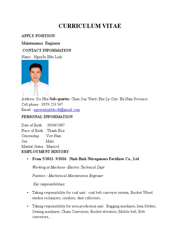 CV For Maintenance Engineer | PDF | Machines | Engineering