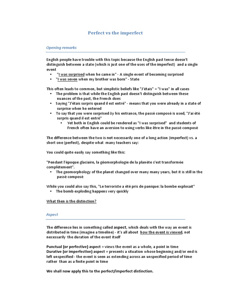 French Conjugation: Perfect Vs The Imperfect | PDF | Grammatical Tense ...