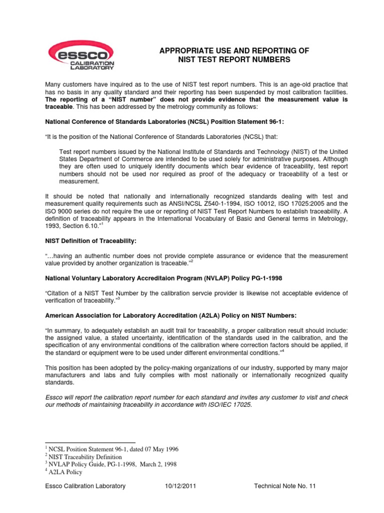 Appropriate Use and Reporting of Nist Test Report Numbers | PDF ...