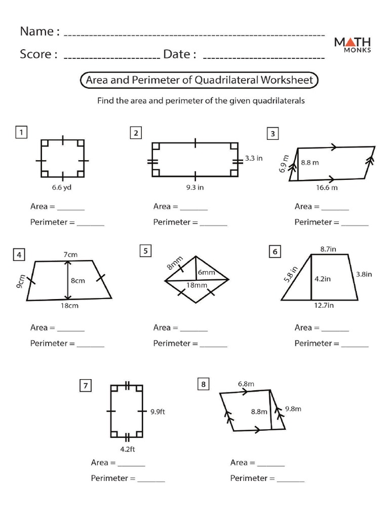 Area and Perimeter of Quadrilaterals Worksheet | PDF