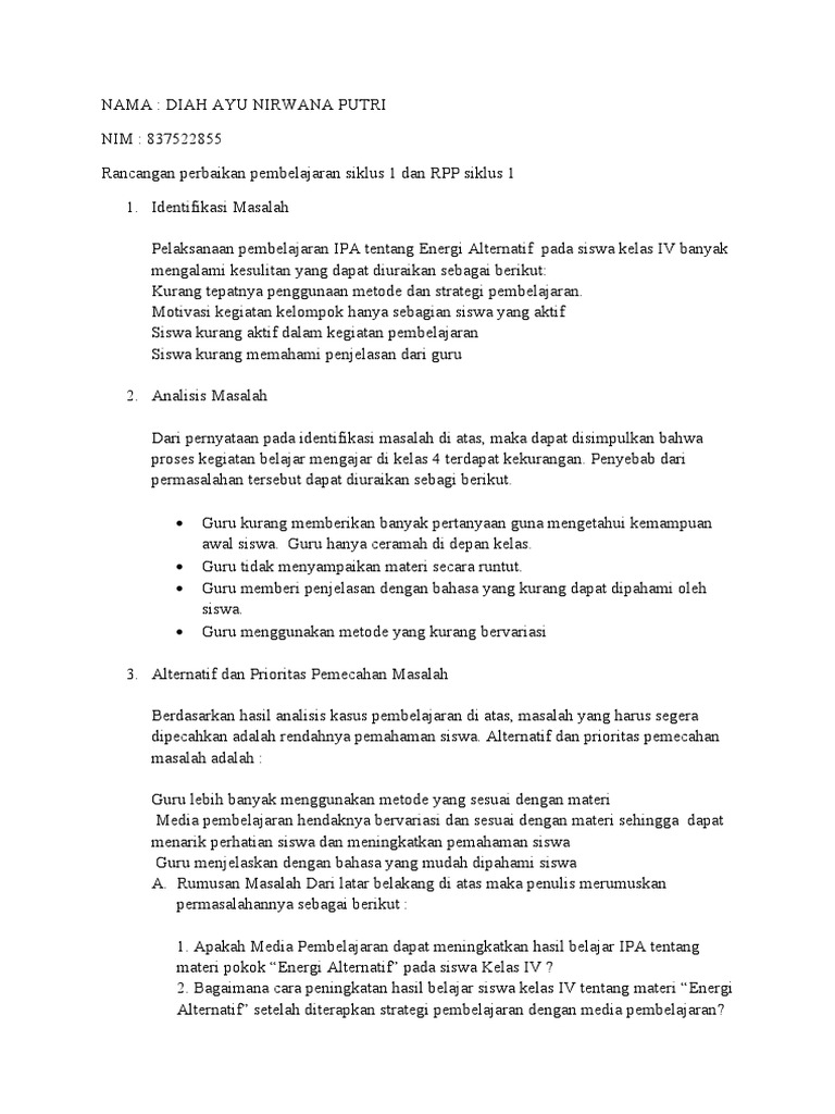 Rancangan Perbaikan Pembelajaran Siklus 1 Dan RPP Siklus 1 | PDF