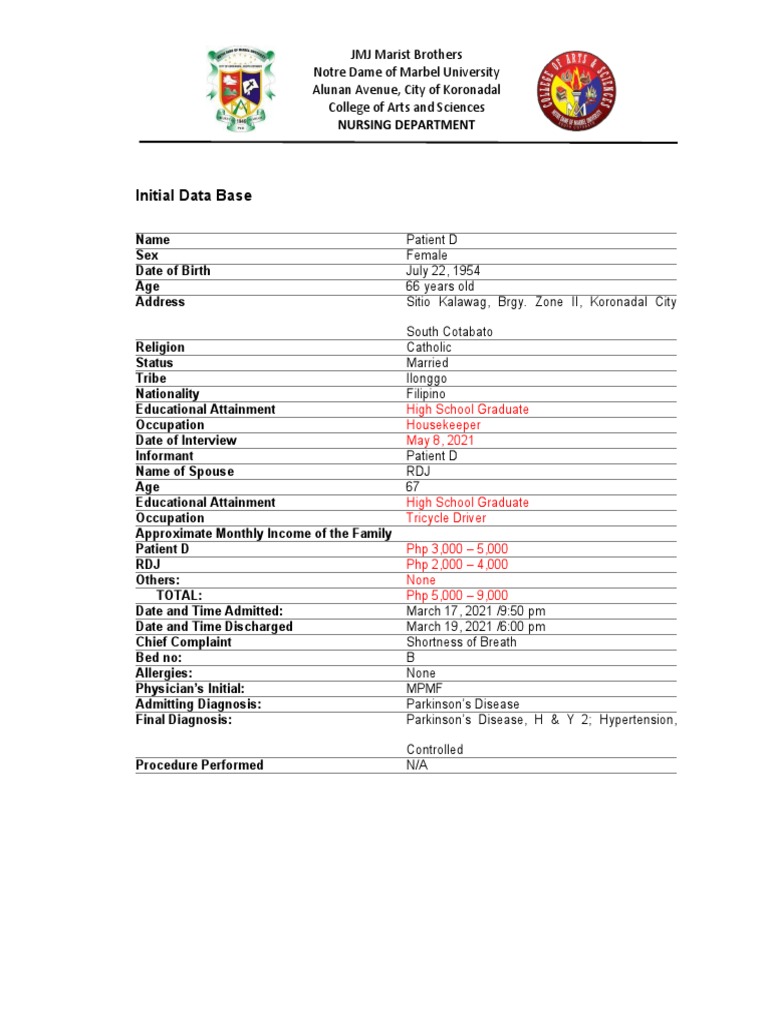 Initial Data Base: Nursing Department | PDF