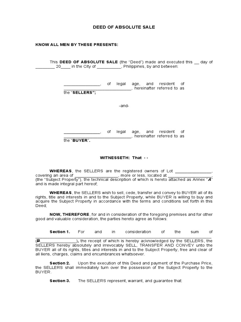 Deed of Sale TEMPLATE | PDF | Deed | Civil Law (Common Law)