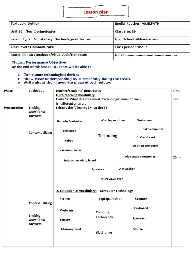 Lesson Plan C C Unit 10 NewTechnology Vocabulary | PDF | Vocabulary | Lesson Plan