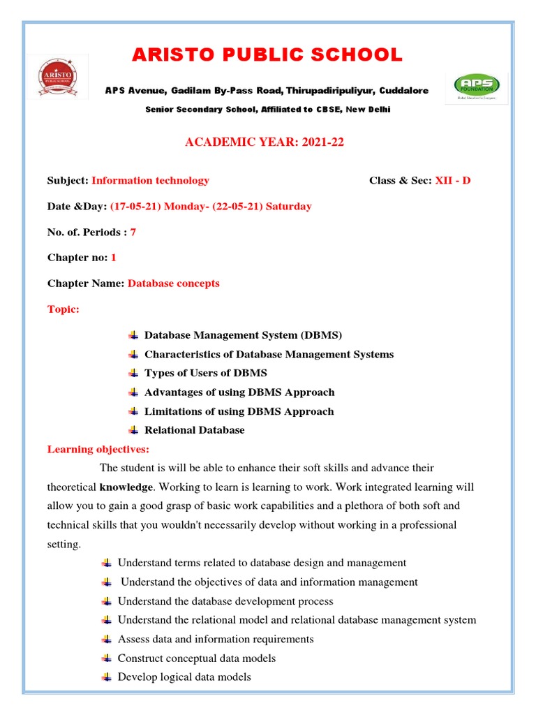 Lesson Plan (Class 12information Technology) | PDF | Databases ...