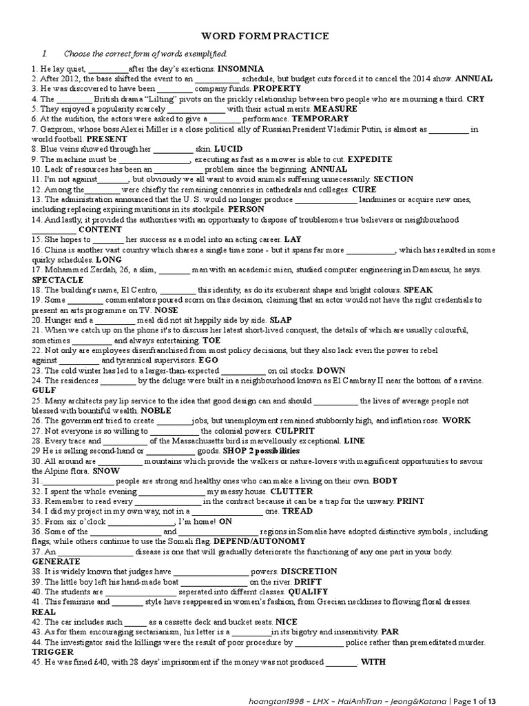 Word Form Practice: I. Choose The Correct Form of Words Exemplified | PDF | Crusades | Islamic ...