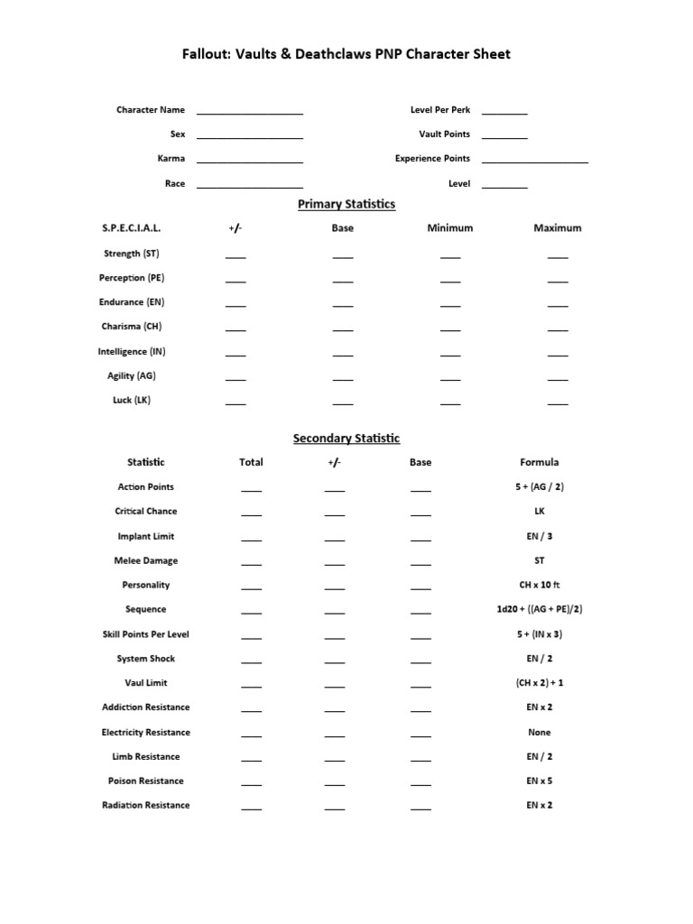 Fallout Vaults & Deathclaws Character Sheet | PDF | Military Technology